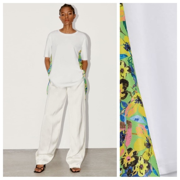Zara | Tops | Nwt Zara White Combined Tshirt With Contrast Floral Print ...
